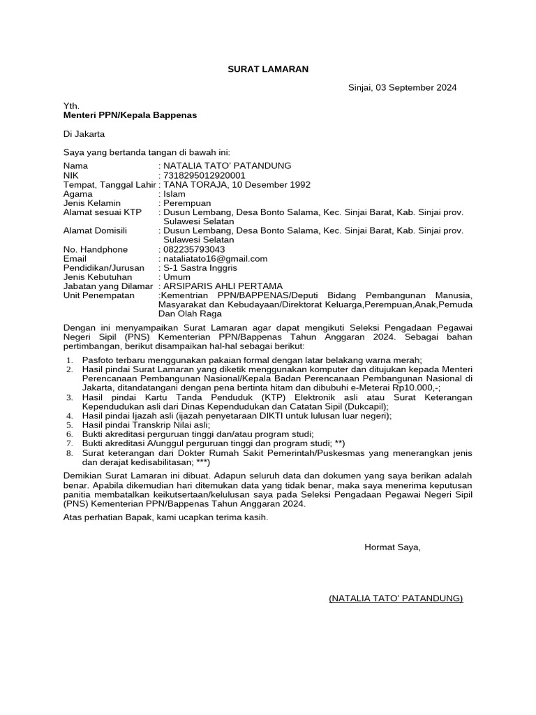 Lampiran III Surat Lamaran Kerja | PDF