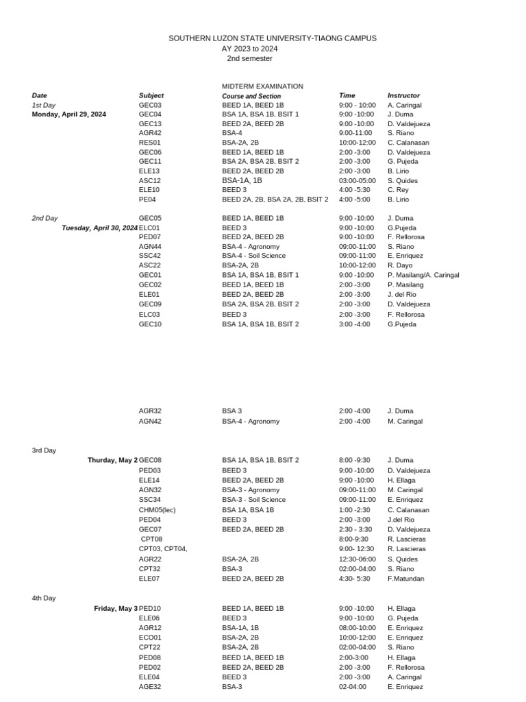 Midterm Examination Schedule A.Y. 2023 2024 2nd Semester | PDF