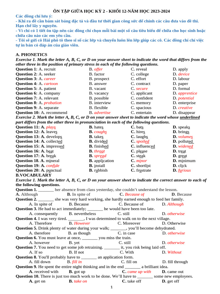 6. ÔN TẬP GK2 2023 24 GV | PDF | Happiness | Ivory