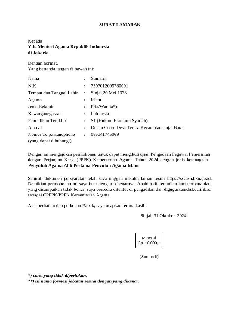 Surat Lamaran dan Pernyataan PPPK 2024 | PDF