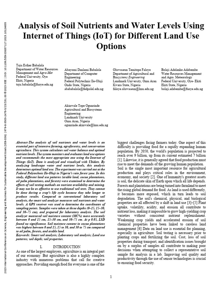 Analysis of Soil Nutrients and Water Levels Using Internet of Things (IoT) for Different Land ...