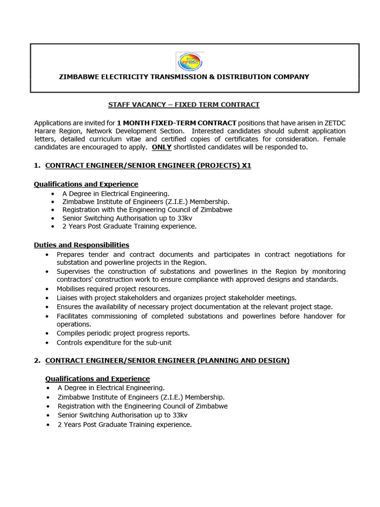 Job Advert - Contract Engineer Senior Engineer Projects and Planning ...