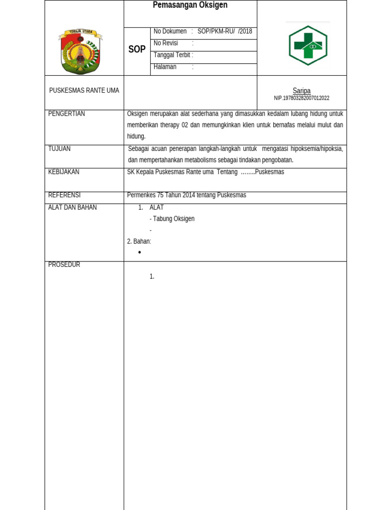Sop Pemasangan Oksigen | PDF | Teknologi & Rekayasa