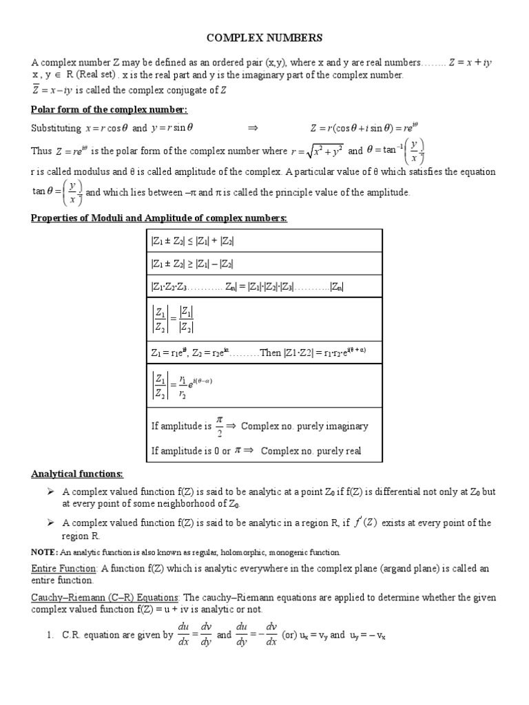 Complex Numbers Cheat Sheet | Complex Number | Real Analysis