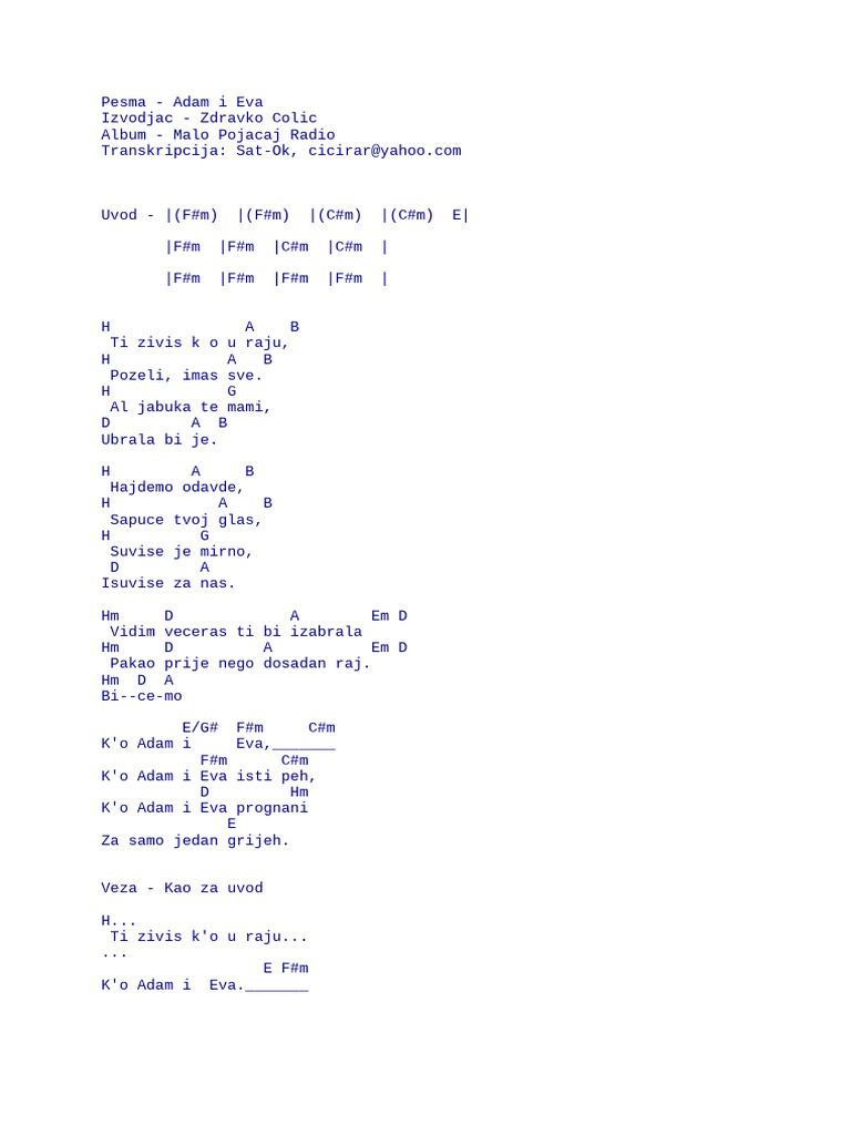Zdravko Colic - Adam I Eva Akordi | PDF