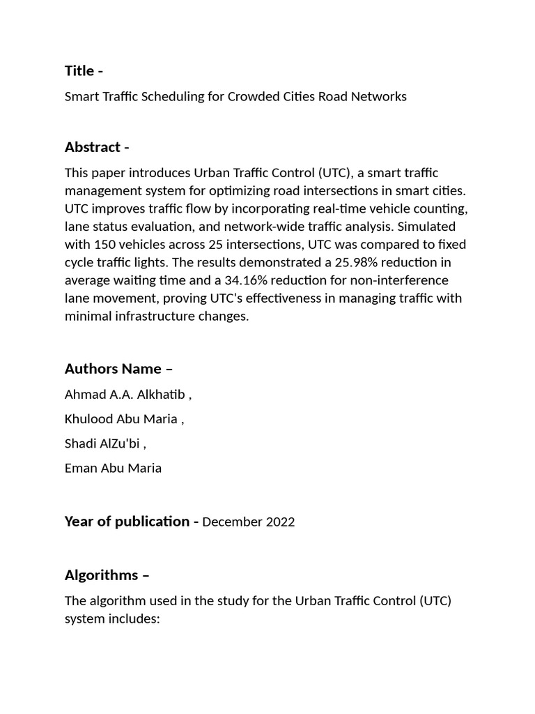 Smart Traffic Scheduling For Crowded Cities Road Networks | PDF ...