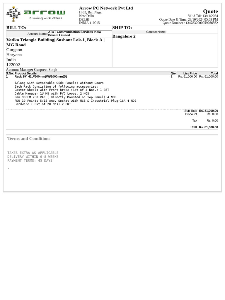 Quotation for Rack 19_ Bangalore 2 | PDF