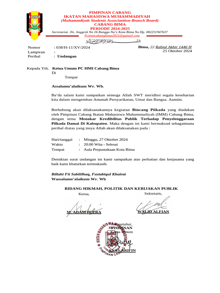 Undangan Bincang Pilkada IMM Bima | PDF