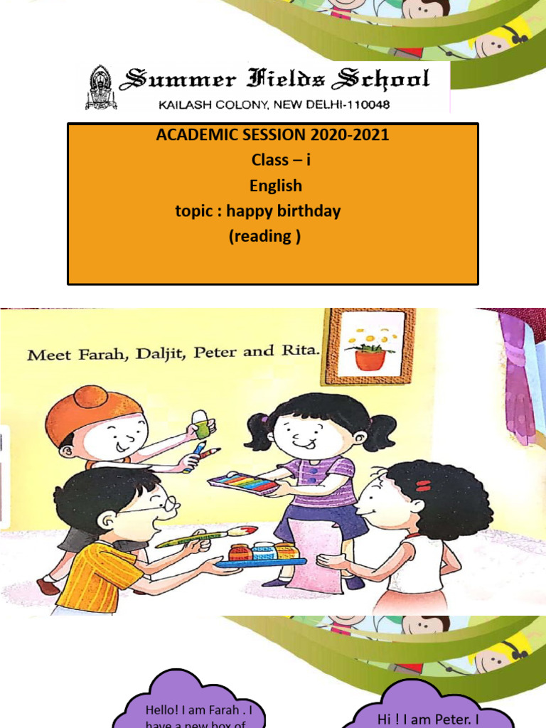 Class I English Topic Happy Birthday Reading 2020 2021 | PDF