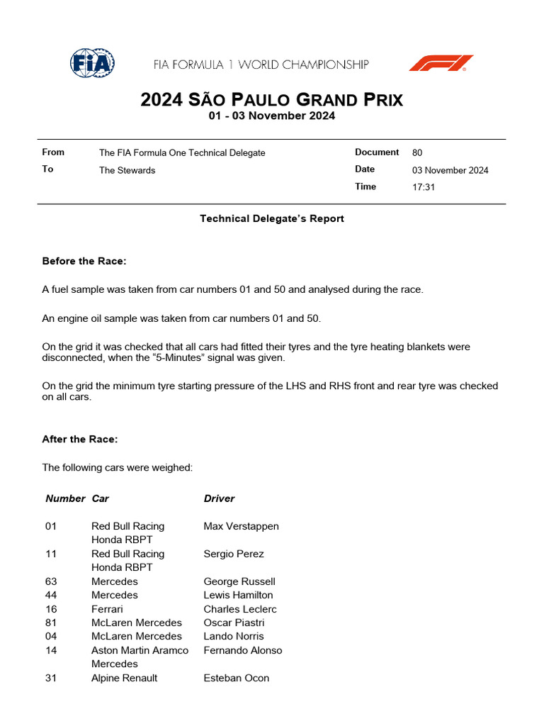São Paulo GP 2024 Technical Report | PDF | Formula One | Fédération ...