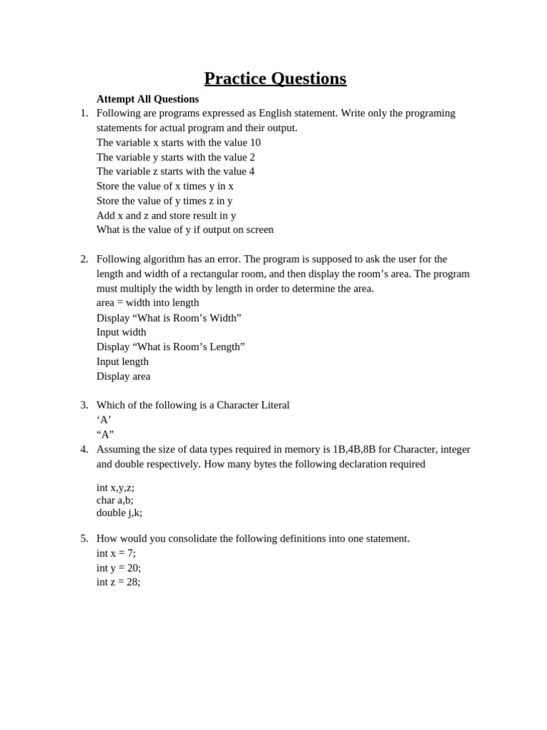 Programming Practice Questions | PDF | Integer (Computer Science) | Software Engineering