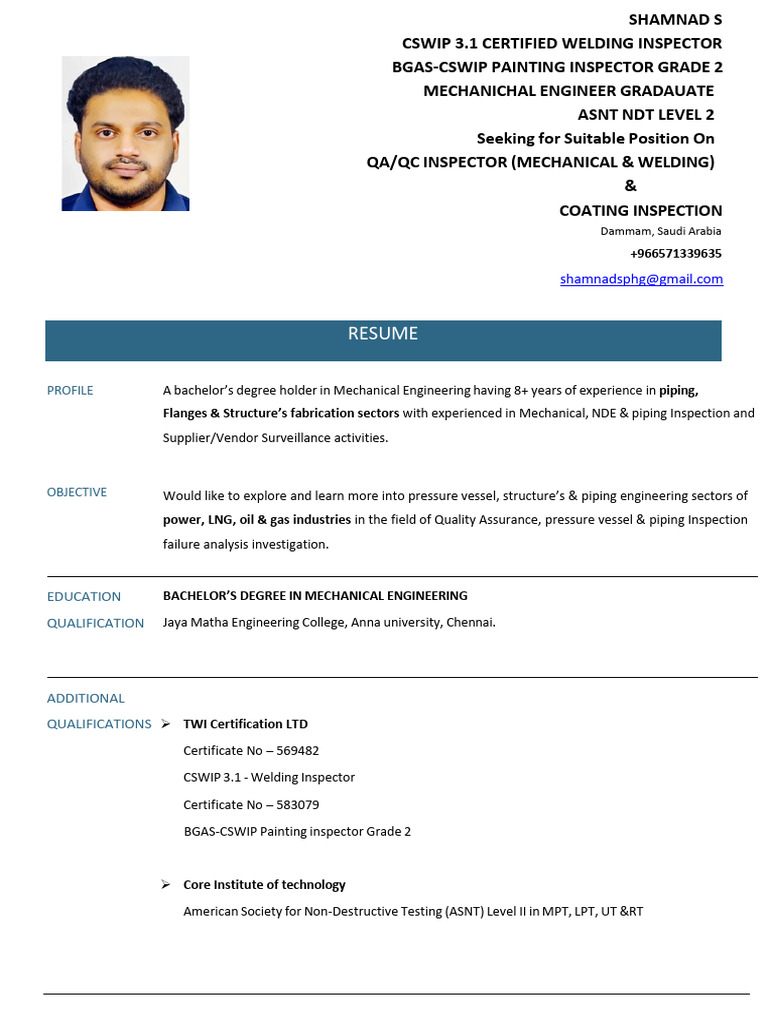 Shamnad Shajahan CV Updated | PDF | Nondestructive Testing | Welding