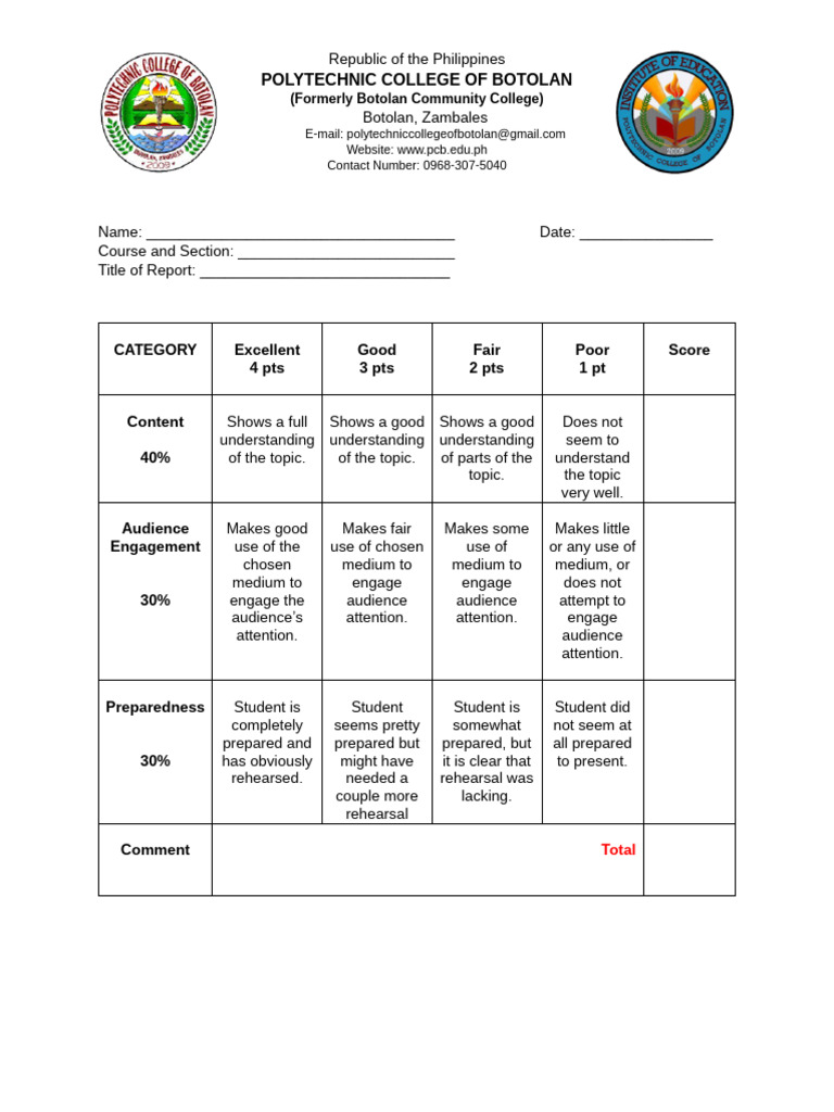 Rubric For Reporting Pdf