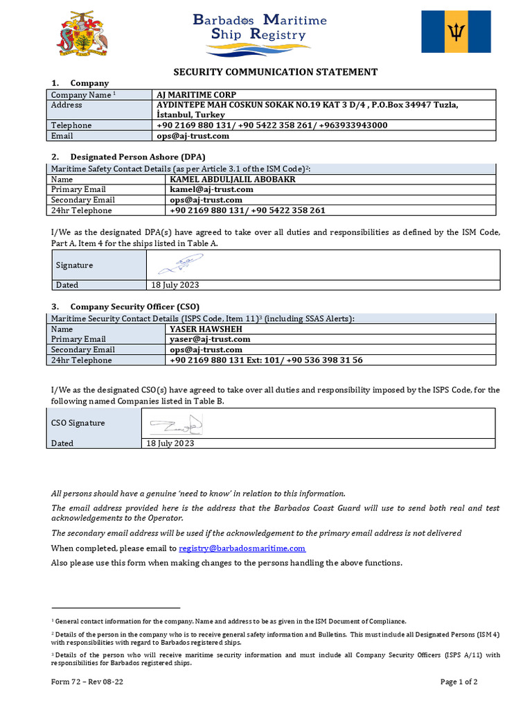 Form 72 Security Communication Statement | PDF | Safety | International ...