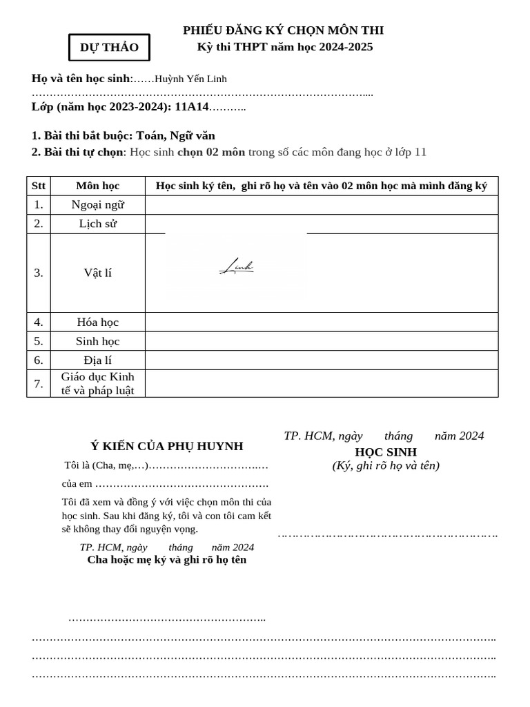 Phiếu Chọn Môn Thi Khối 12 NH 2023-2024 | PDF