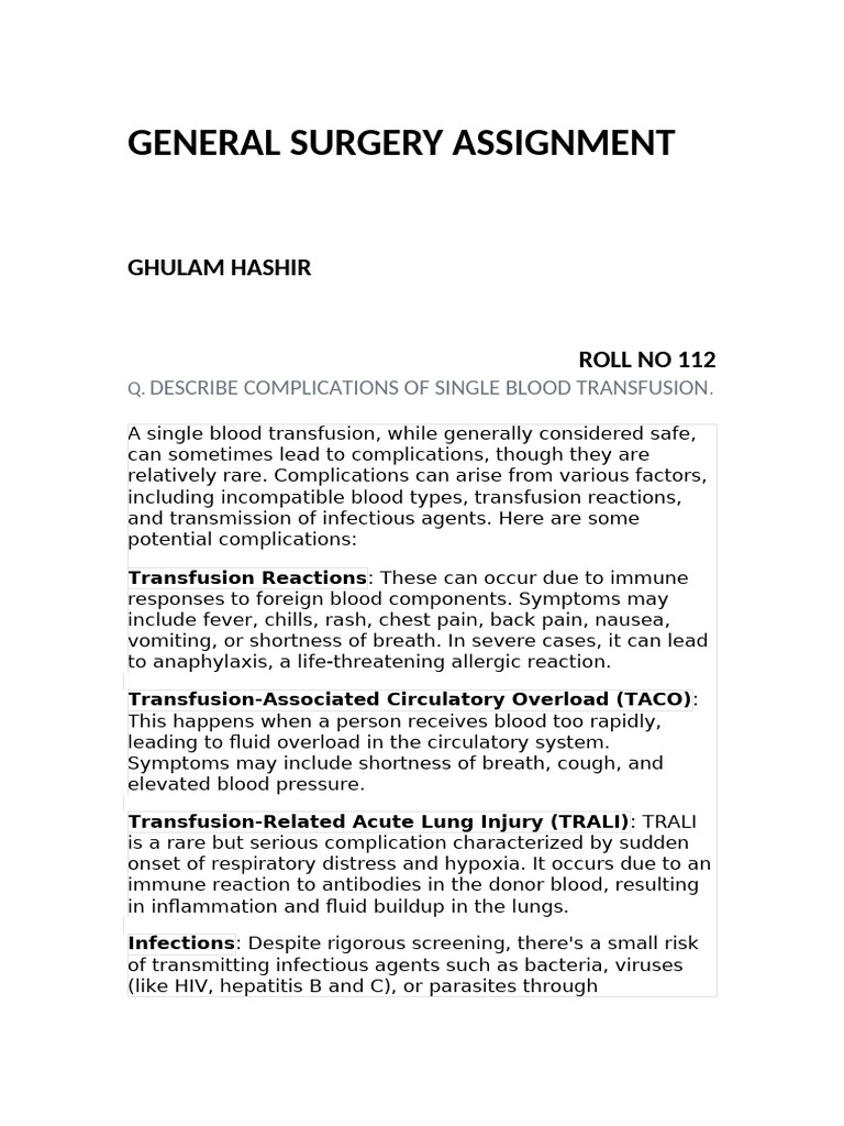 General Surgery Assignment | PDF | Blood Transfusion | Medical Specialties