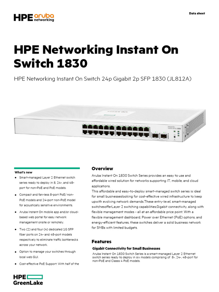 HPE Networking Instant on Switch 24p Gigabit 2p SFP 1830-PSN1014613731BEEN | PDF | Network ...