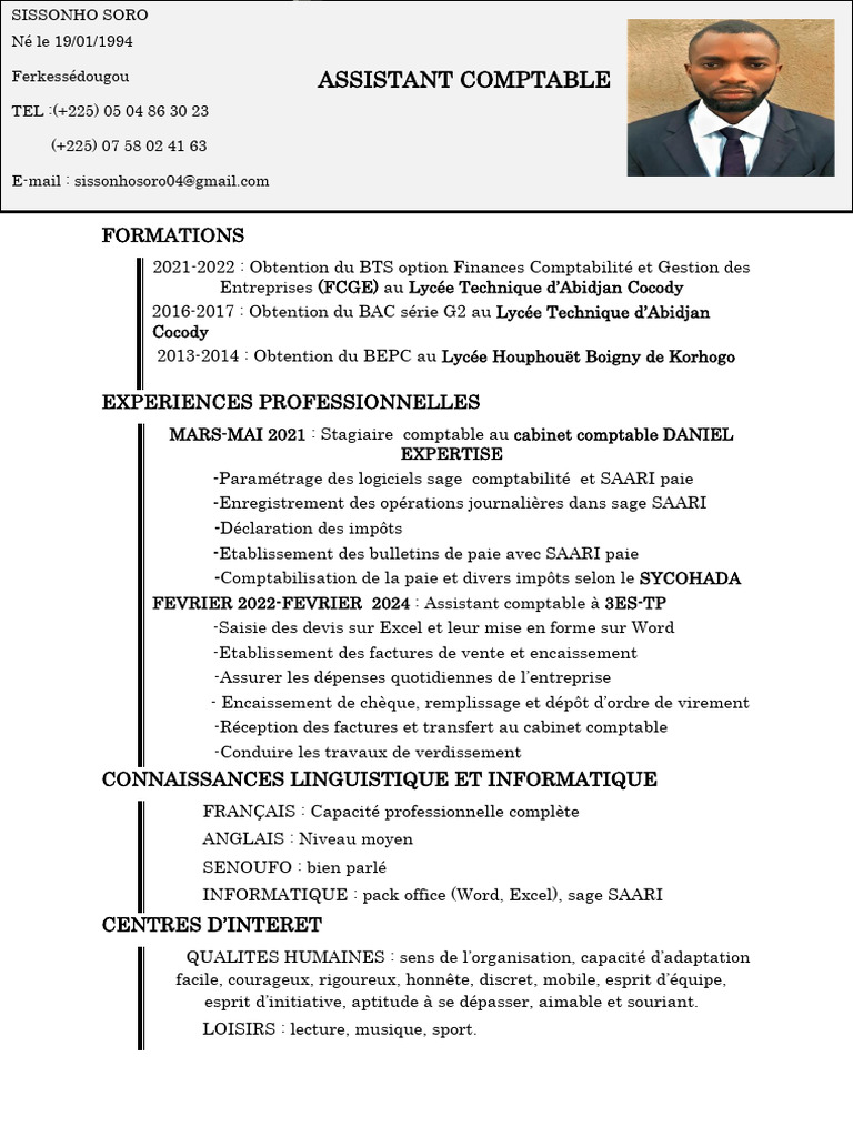 CV d'Assistant Comptable Débutant | PDF
