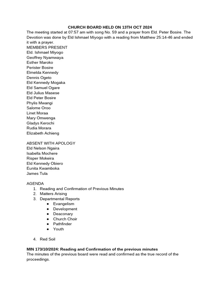 Church Board Meeting Summary 2024 | PDF | Protestant Denominational ...