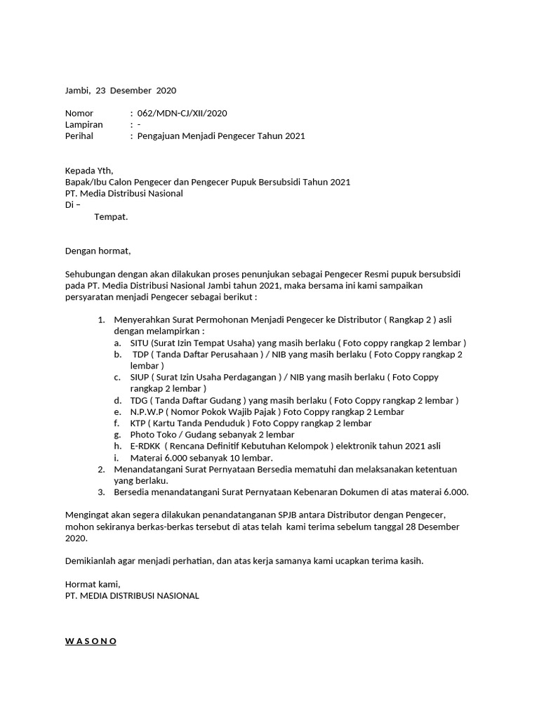 Surat Permohonan menjadi Pengecer | PDF