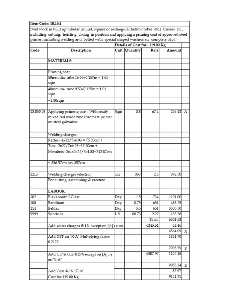 Rate Analysis For Stuctural Steel Works. | PDF