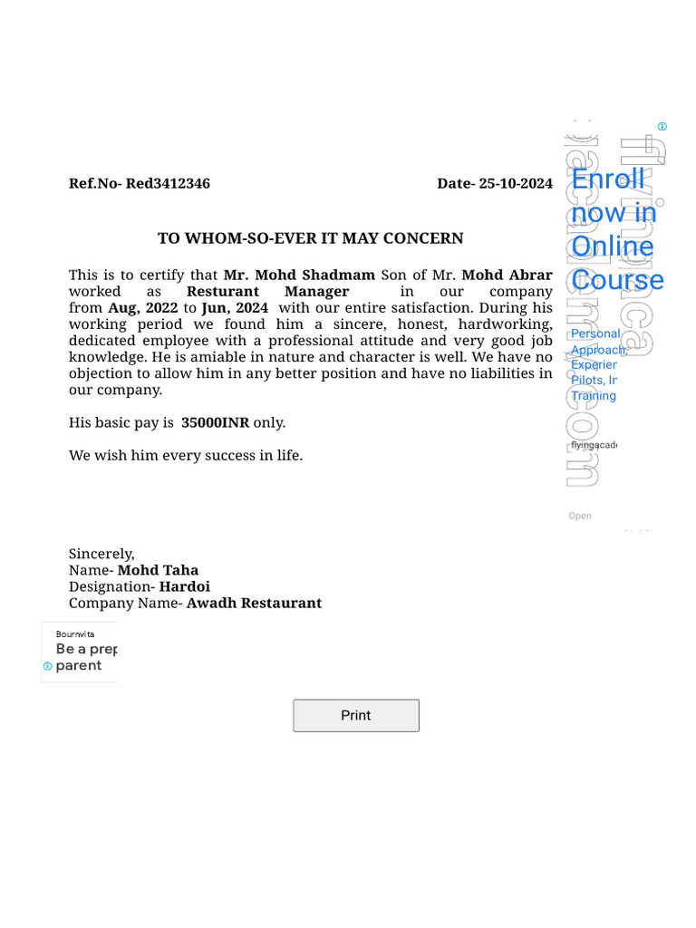 Experience Certificate Resturant | PDF