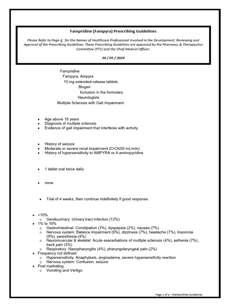 Fampridine Prescribing Guidelines | PDF | Dose (Biochemistry) | Chemistry