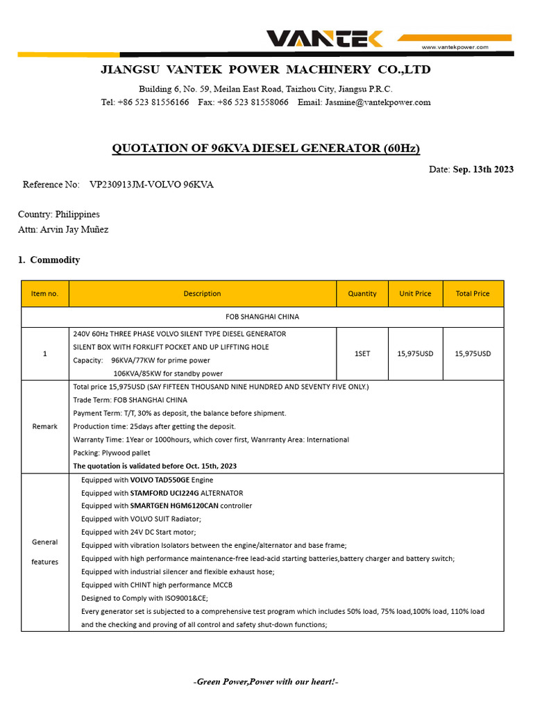 Vantek Offer - 96kva Volvo Diesel Generator | PDF | Mains Electricity ...