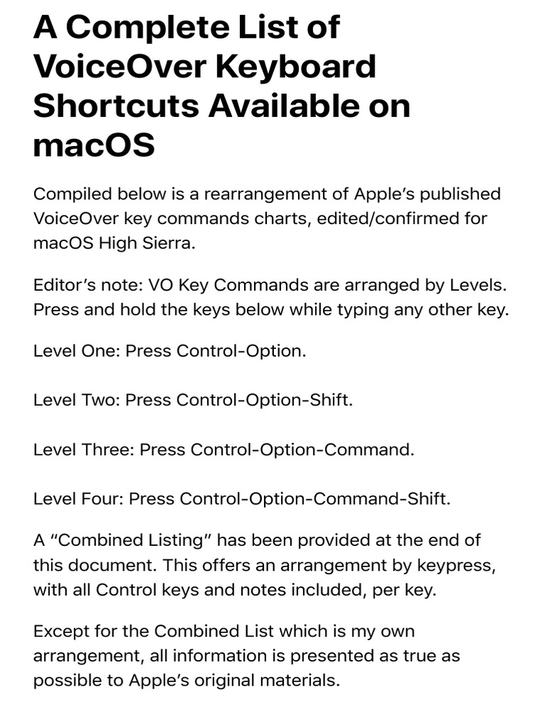 A Complete List of VoiceOver Keyboard Shortcuts Available On MacOS AppleVis | PDF | Computer ...