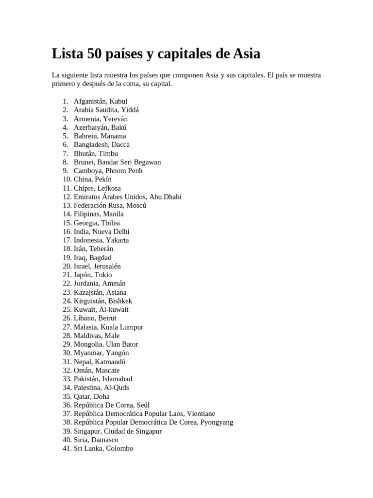 Lista 50 Países y Capitales de Asia | PDF | Asia