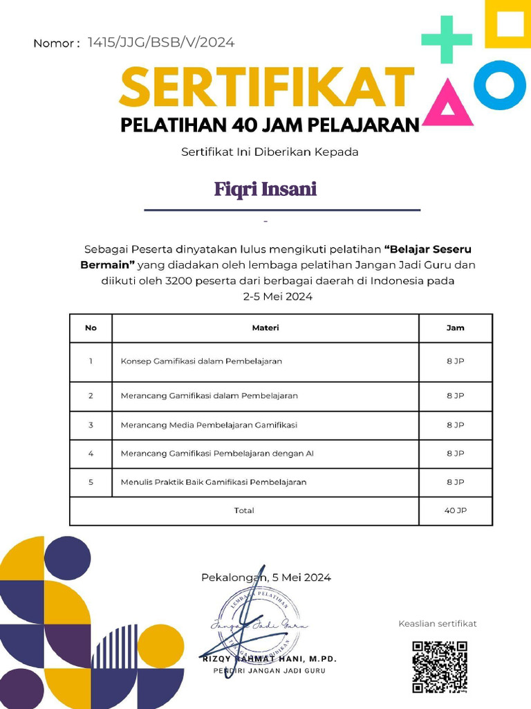 Fiqri Insani - Sertifikat 40 JP Belajar Seseru Bermain | PDF