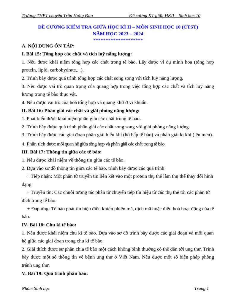 ĐỀ CƯƠNG KT GIỮA HKII SINH 10 23 24. HC | PDF