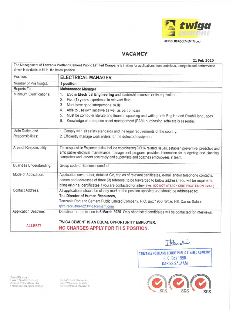 Electrical Manager Advert 2020 | PDF