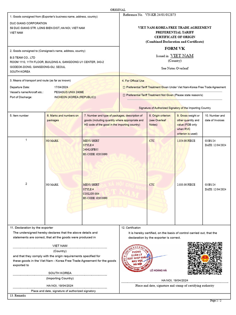 Certificate Form VK, Certificate No - VN-KR 24-01-012873 | PDF ...