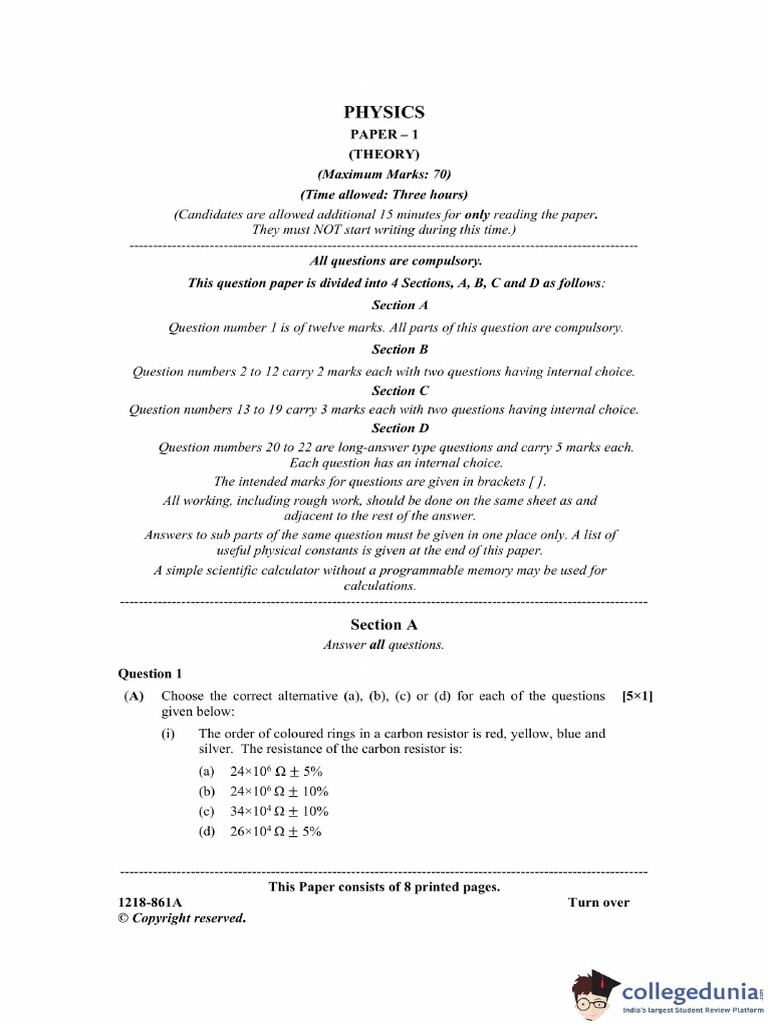 ISC Class 12 Physics Paper 1 Question Paper 2018 | PDF