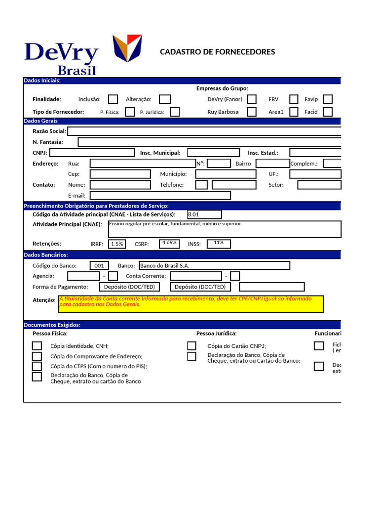 Cadastro Fornecedor PJ - Modelo Devry | PDF | Cheque (banco) | Bancos