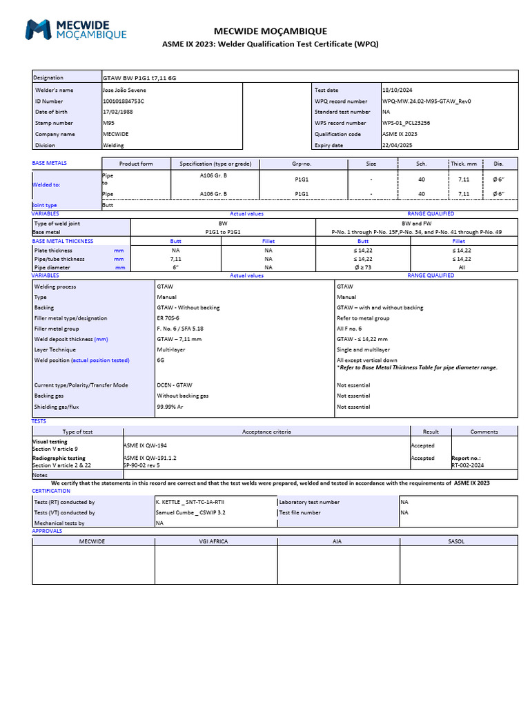 WPQ MW.24.02 M95 7,11mm GTAW - Rev0 | PDF | Pipe (Fluid Conveyance ...