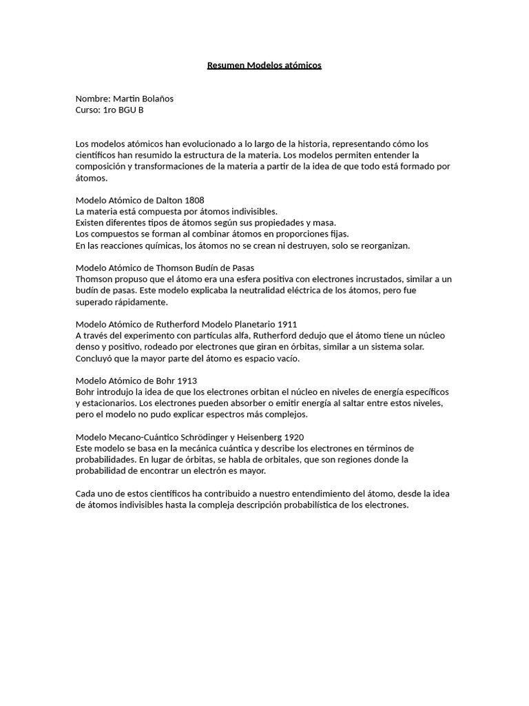 Resumen Modelos Atómicos | PDF