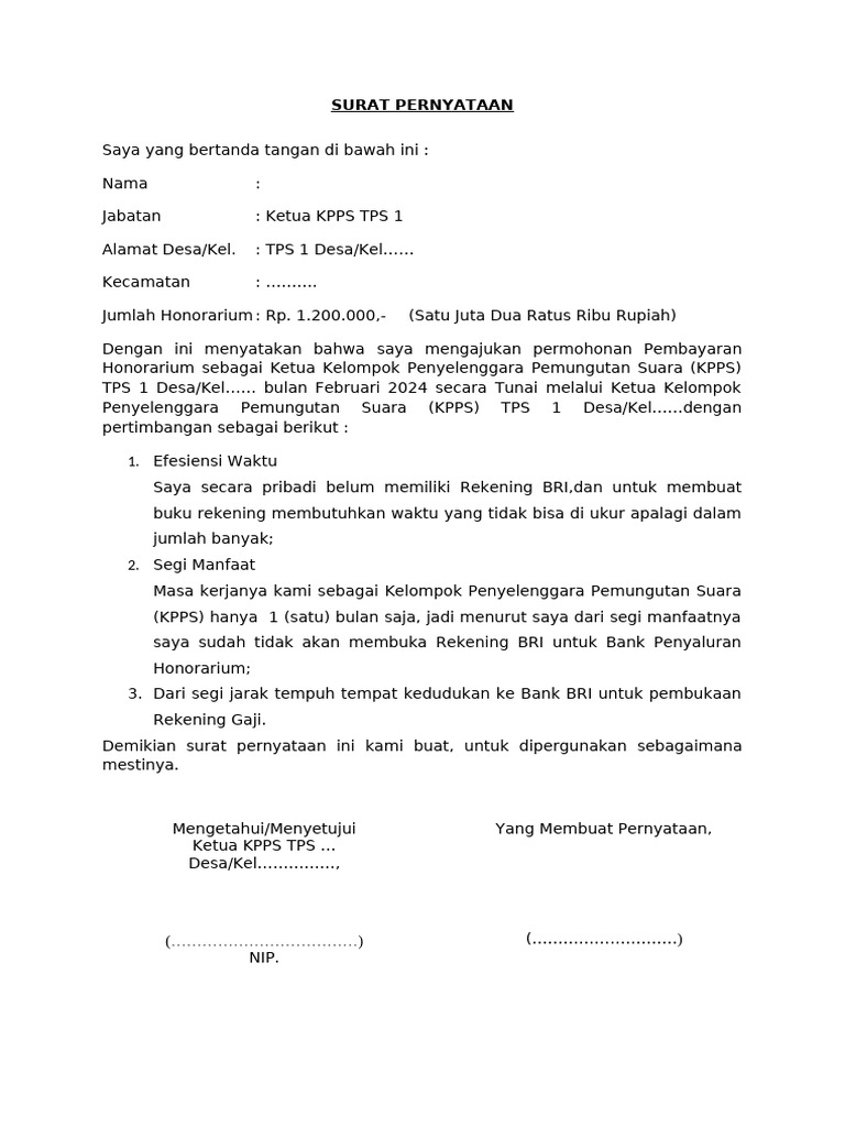 Surat Pernyataan KPPS | PDF