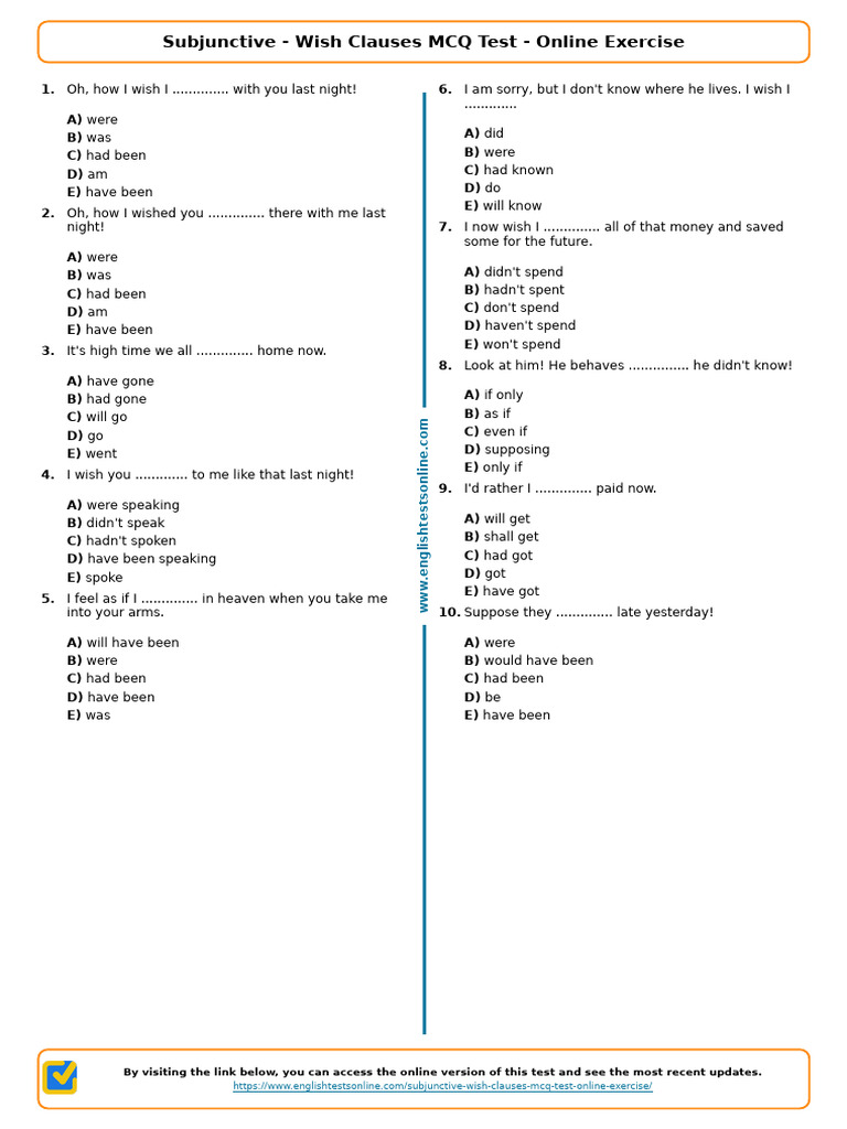 555 - Subjunctive Wish Clauses MCQ Test Online Exercise | PDF | Grammar ...