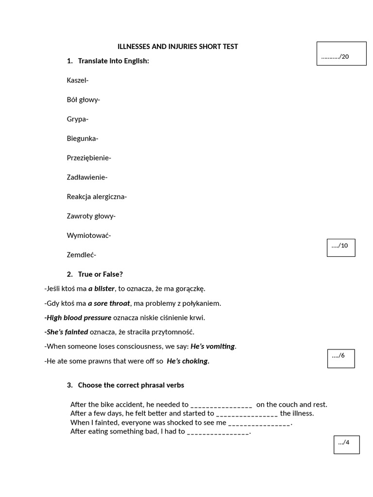 Illnesses and Injuries Short Test | PDF