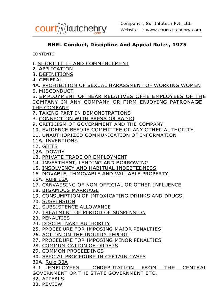 BHEL Conduct, Discipline and Appeal Rules, 1975 | PDF | Patent | Sexual ...