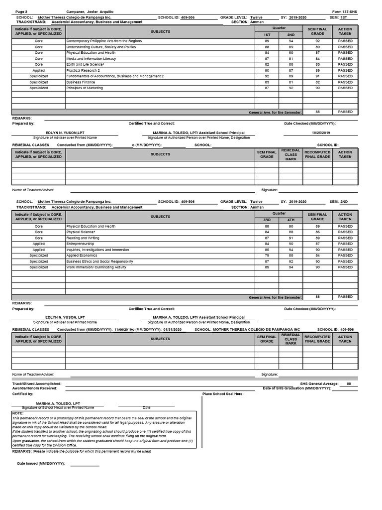 SHS Form 137 CAMPANER | PDF