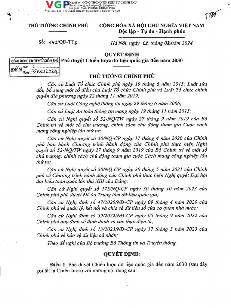 Chiến Lược CSDL Quốc Gia - QĐ 142 - 2024-Ttg.signed | PDF