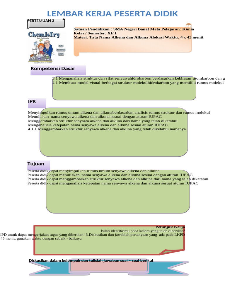 LKPD - XI - Tata Nama Alkena & Alkuna - Cory | PDF | Sains & Matematika