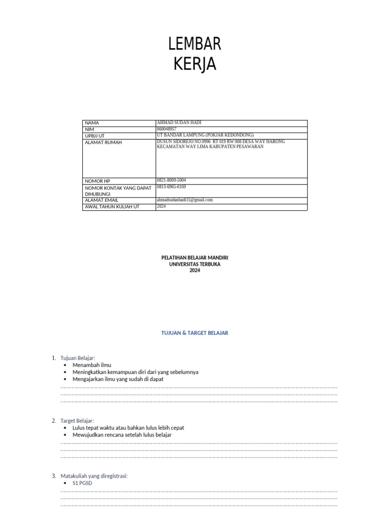 Rencana Belajar Ahmad di UT | PDF