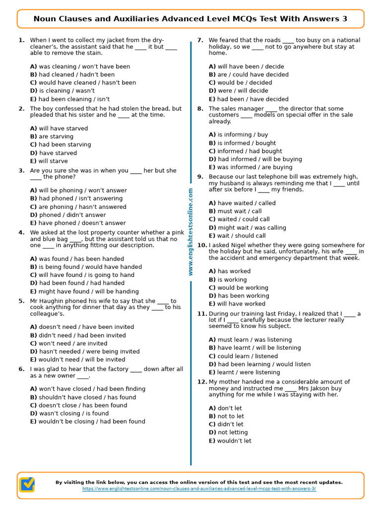901 - Noun Clauses and Auxiliaries Advanced Level Mcqs Test With ...