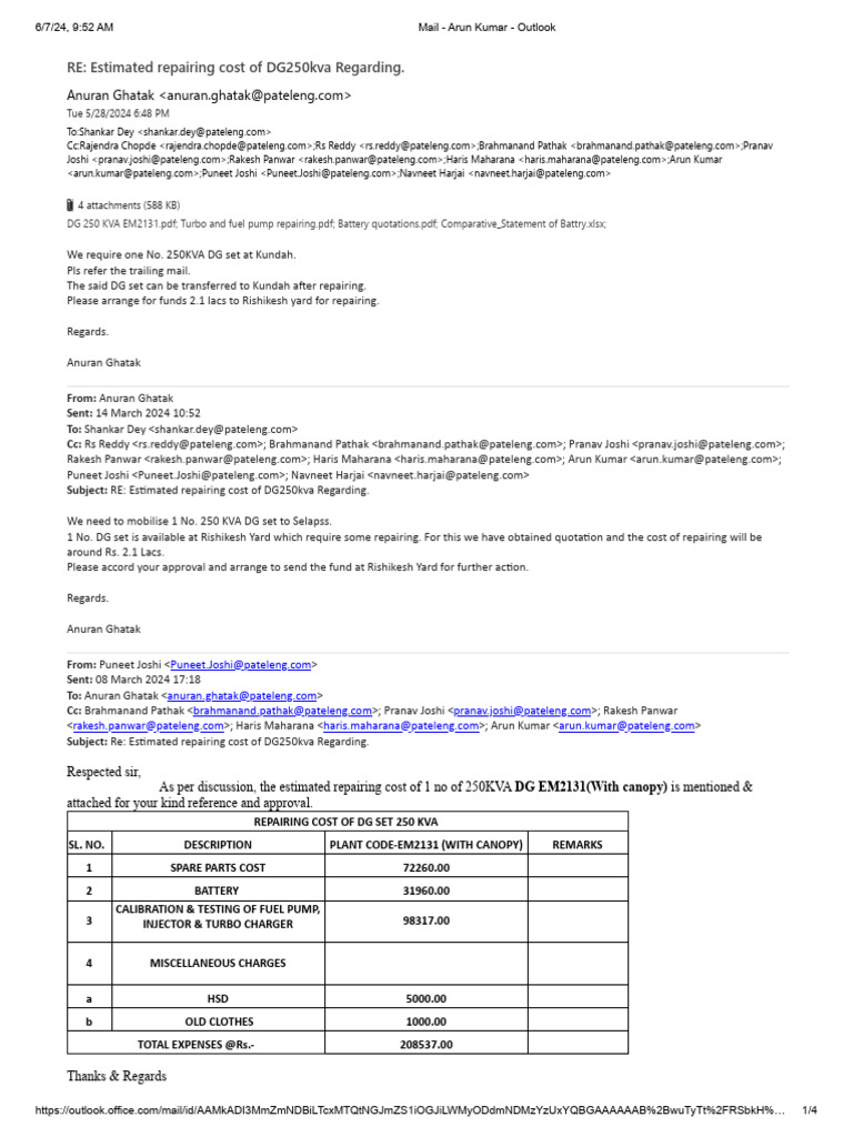DG250KVA Repair Cost Estimate | PDF