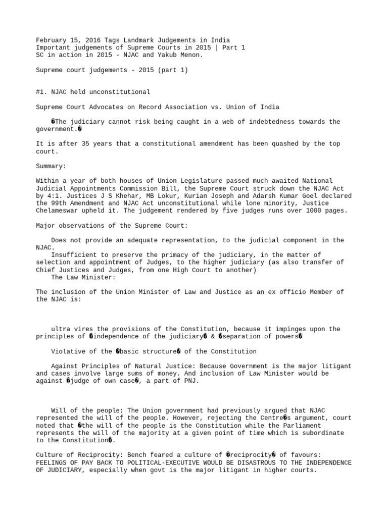 Important Judgements of Supreme | PDF | Supreme Court Of India | Justice