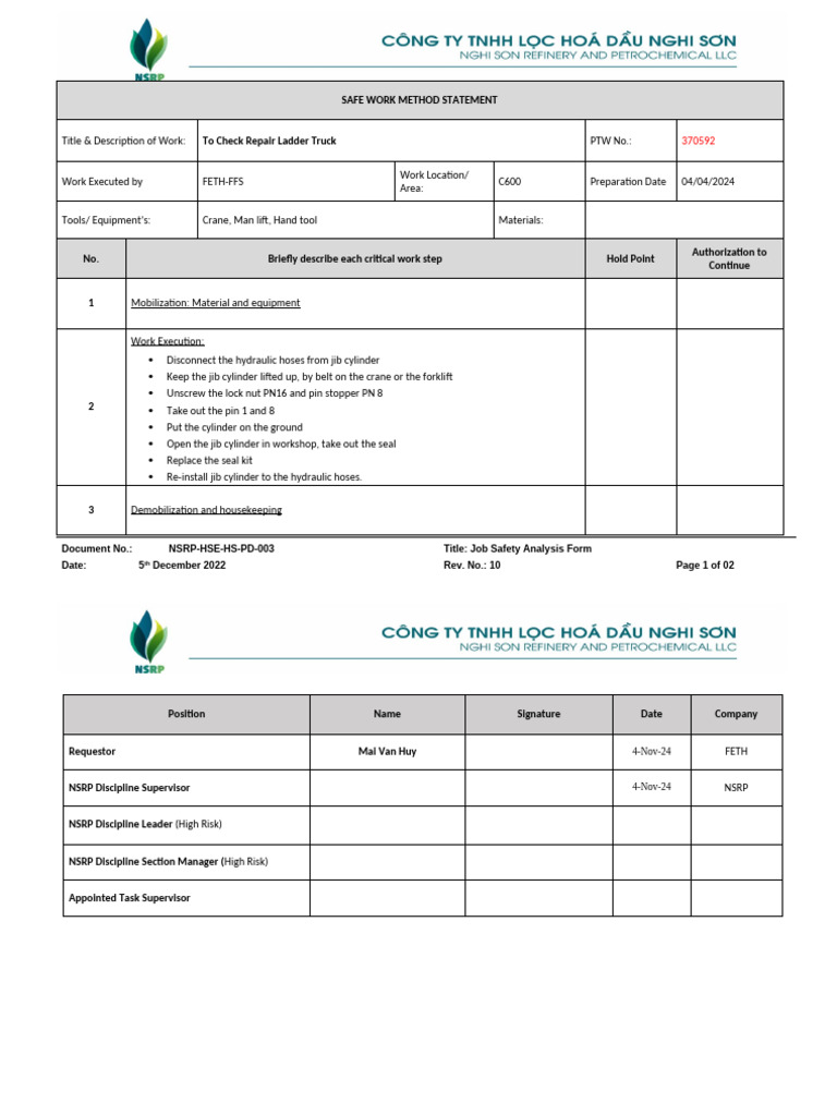 SWMS To Repair Ladder Truck | PDF | Crane (Machine) | Forklift